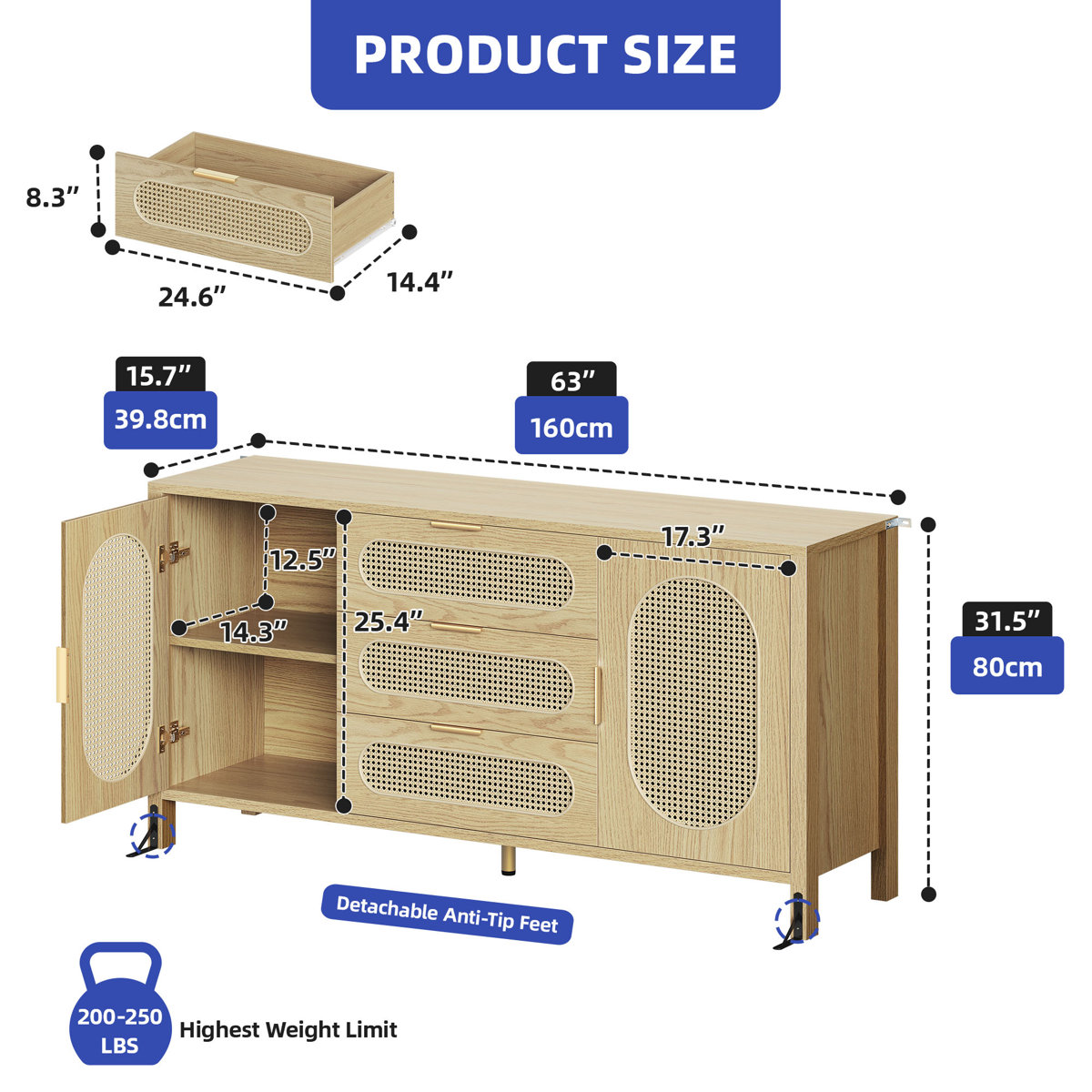 Bay Isle Home™ 63" Rattan Buffet Sideboard with Drawers, Doors, and Adjustable Shelves | Wayfair